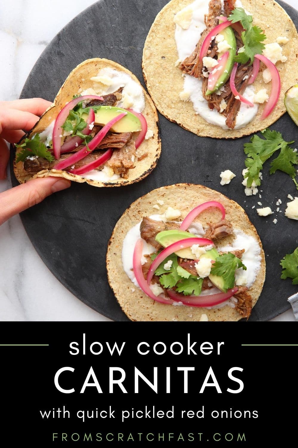 Slow Cooker Carnitas with Quick Pickled Red Onions | From Scratch Fast