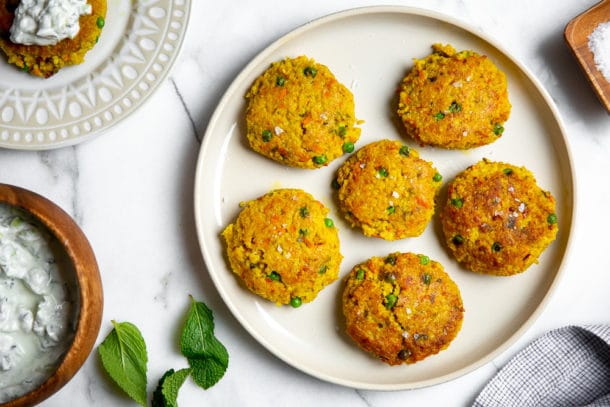 Curried Millet Cakes with Cucumber Mint Raita - From Scratch Fast